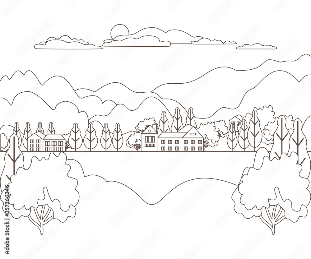 Thin line outline landscape rural farm. Panorama outdoor design village ...