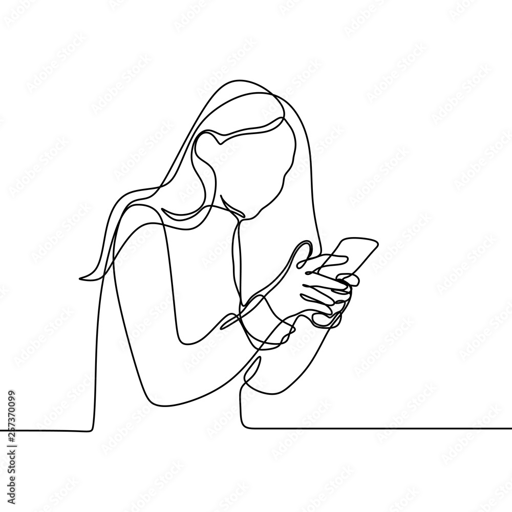 Girl playing and using smart phone continuous line drawing. One lineart ...