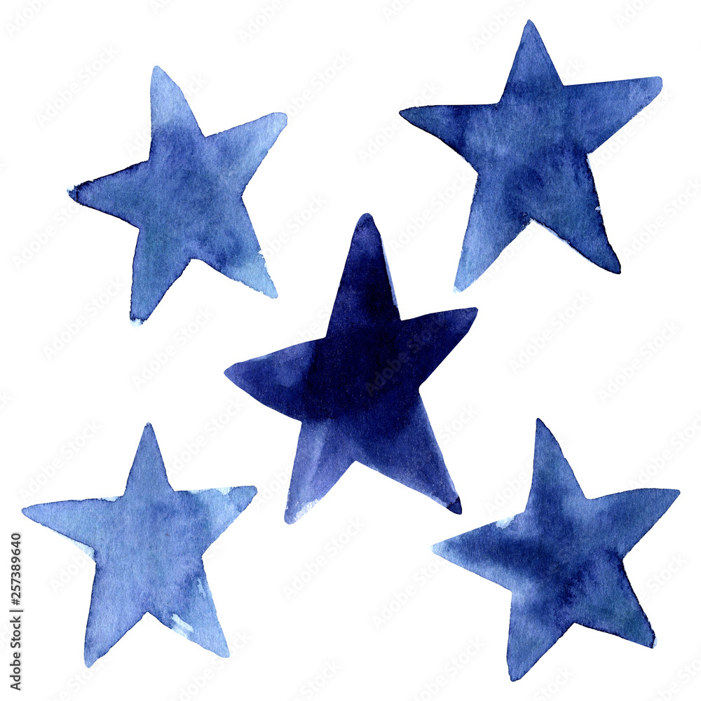 Set of hand painted indigo blue watercolor simple stars. Isolated on ...