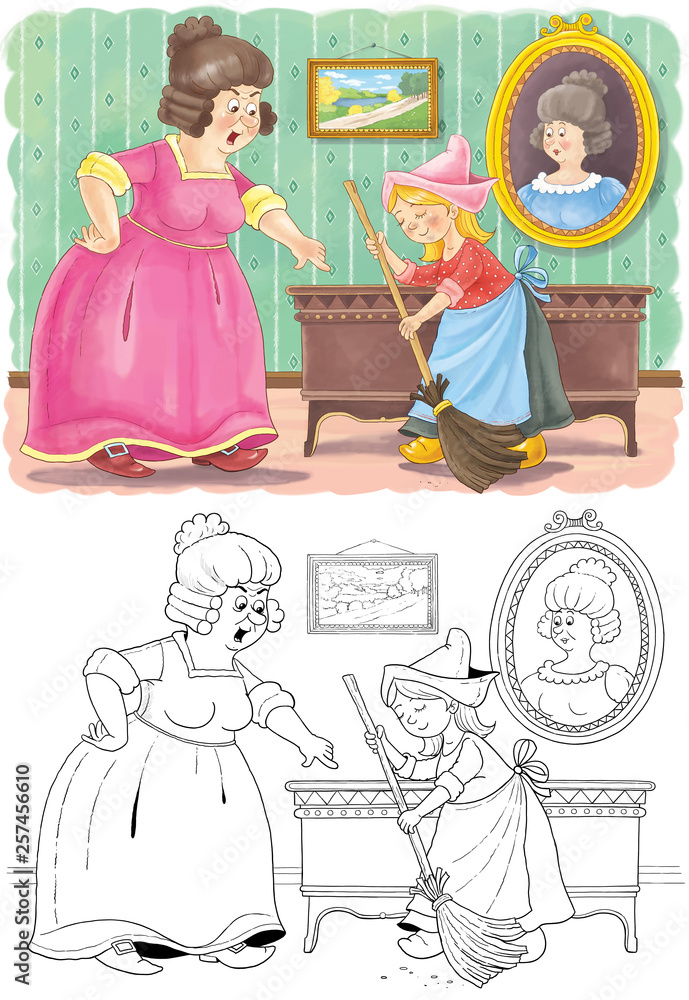 Cinderella. Fairy tale. Coloring book. Coloring page. Set of cute ...