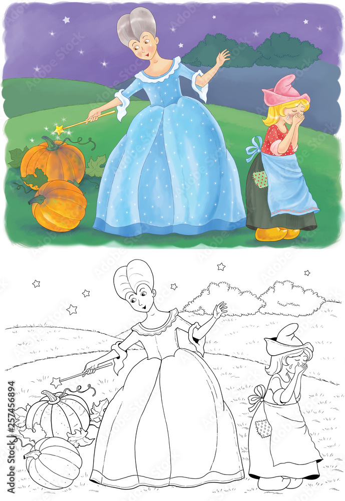 Cinderella. Fairy tale. Coloring book. Coloring page. Set of cute ...