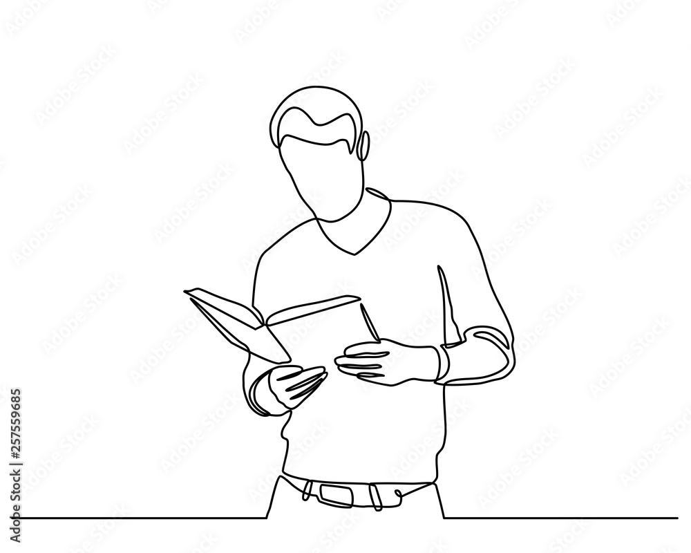 continuous line drawing of Happy mature men reading her book. young men ...