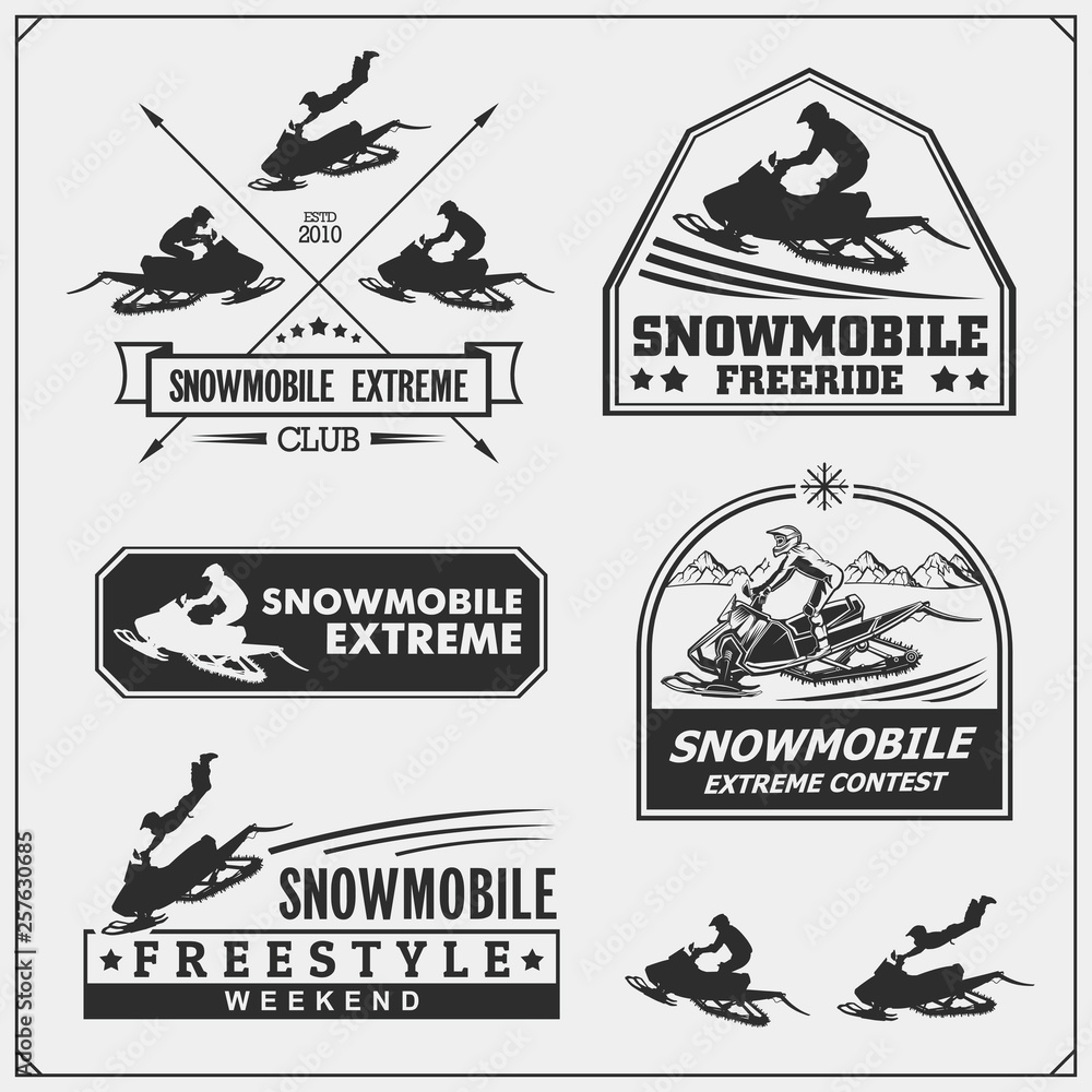Snowmobile emblems, labels, badges and design elements. Snowmobile ...