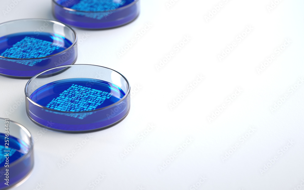 Petri dishes with samples for DNA sequencing, 3d rendering,conceptual ...