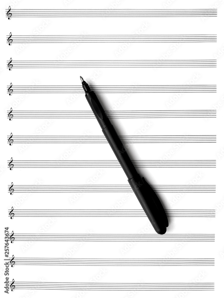 Empty musical sheet with five lines without notes, with treble clefs ...