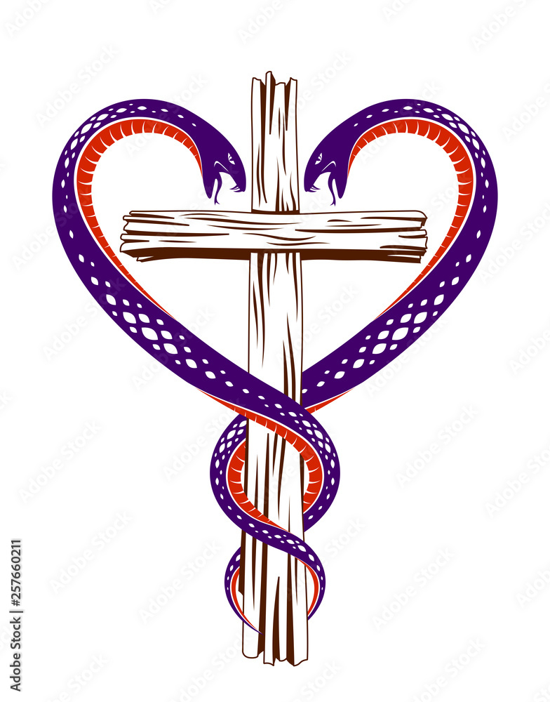 Christian cross and two snakes in a shape of heart, religion symbolism ...