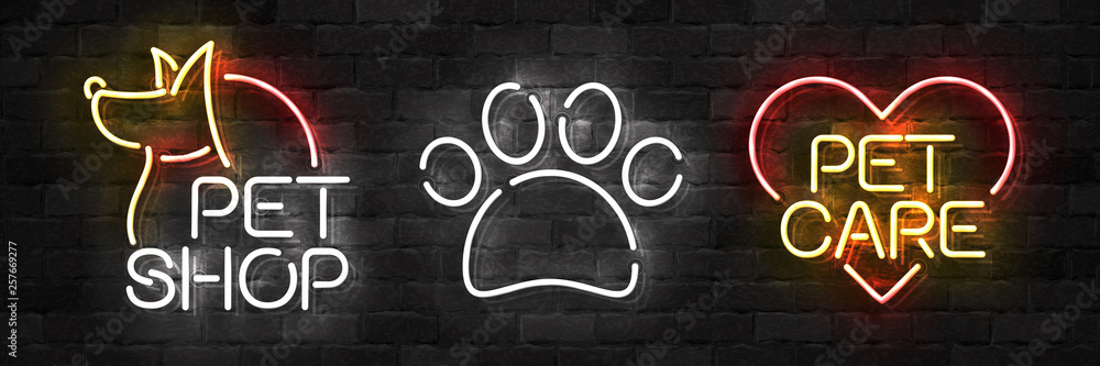 Vector set of realistic isolated neon sign of Pet Shop logo for ...