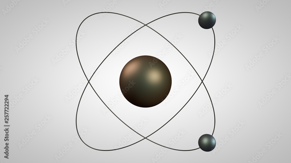 3D illustration of an atom model with a nucleus and two electrons ...