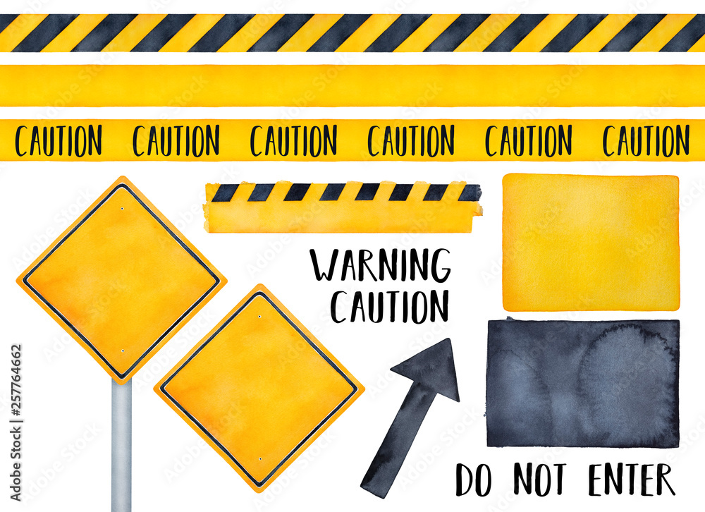 Collection of various warning signs, seamless caution tapes, text ...