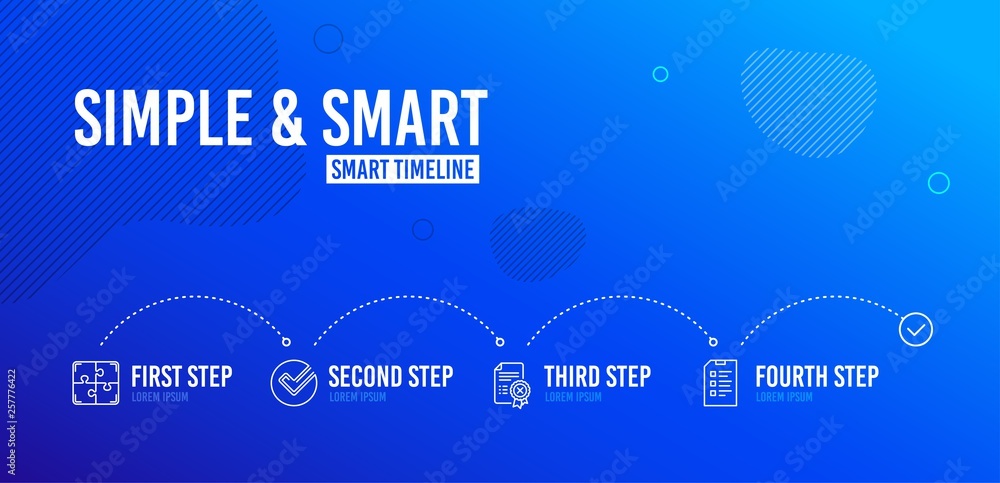Infographic timeline. Verify, Reject certificate and Puzzle icons ...