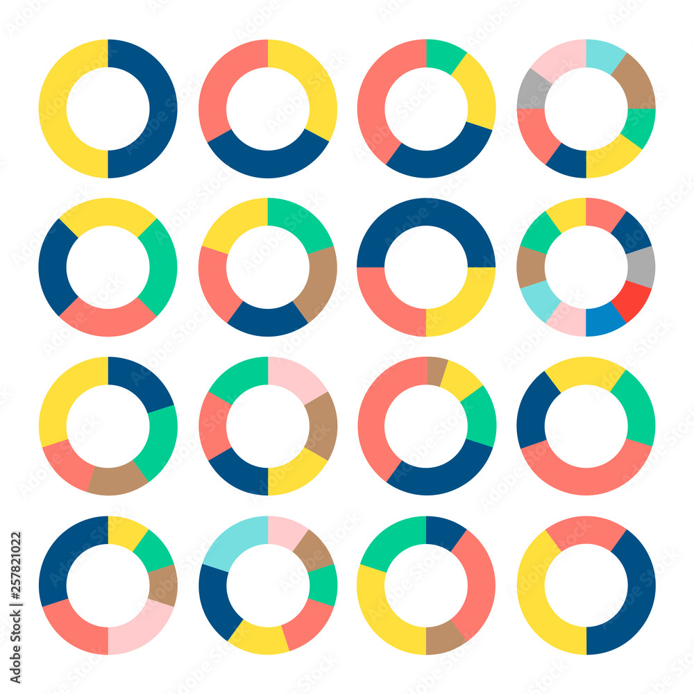 Set of colorful donut charts. Circular diagrams, graphs, pie charts ...