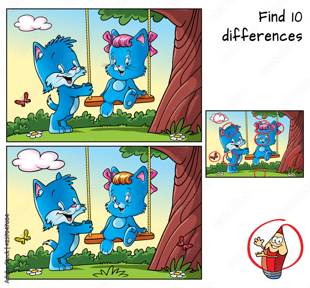 Tree with swing and two happy little cats. Find 10 differences ...