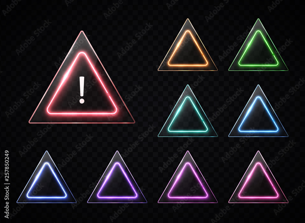 Triangular signs set on transparent background. Color neon triangle ...