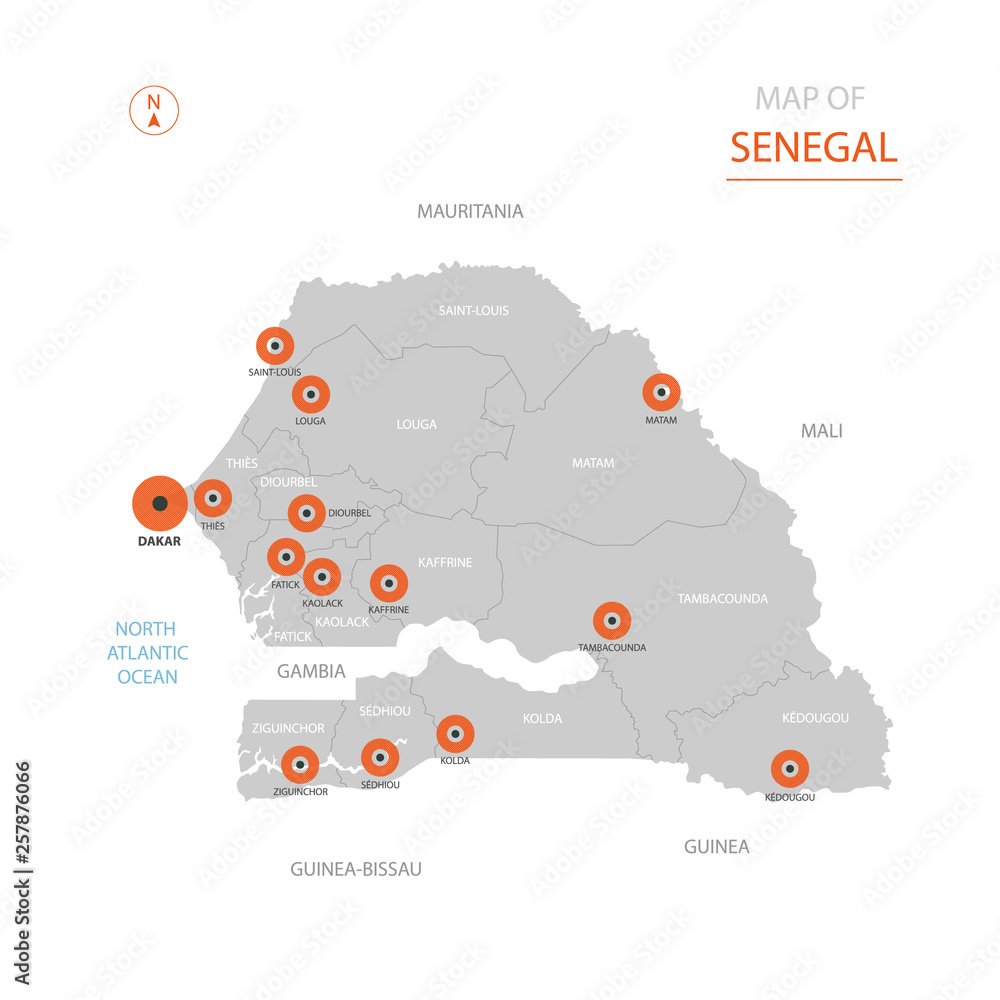 Stylized vector Senegal map showing big cities, capital Dakar ...