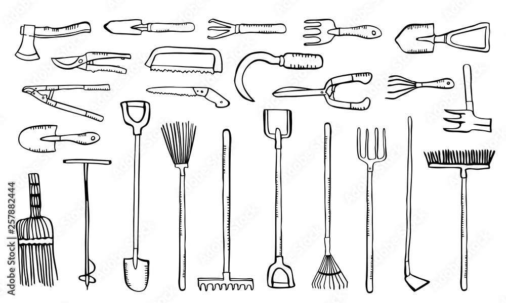 Garden tools set. Vector hand drawn outline sketch illustration black ...