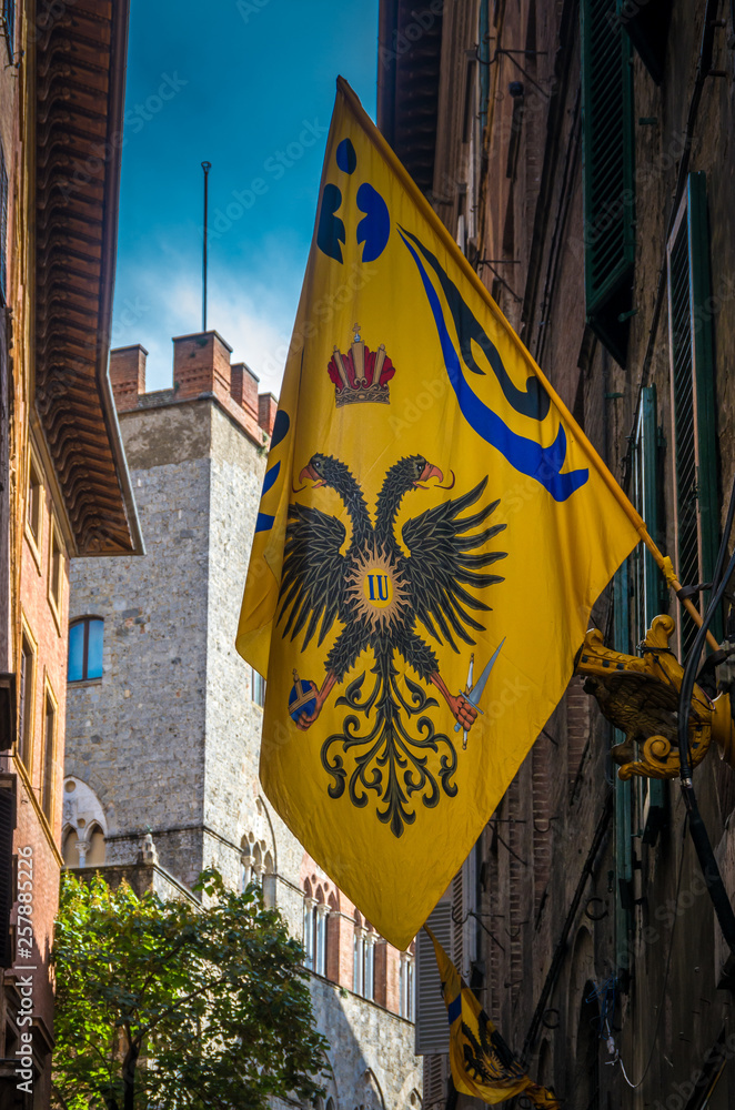 Contrade Aquila - Eagle flag hanging on the narrows streets in the old ...