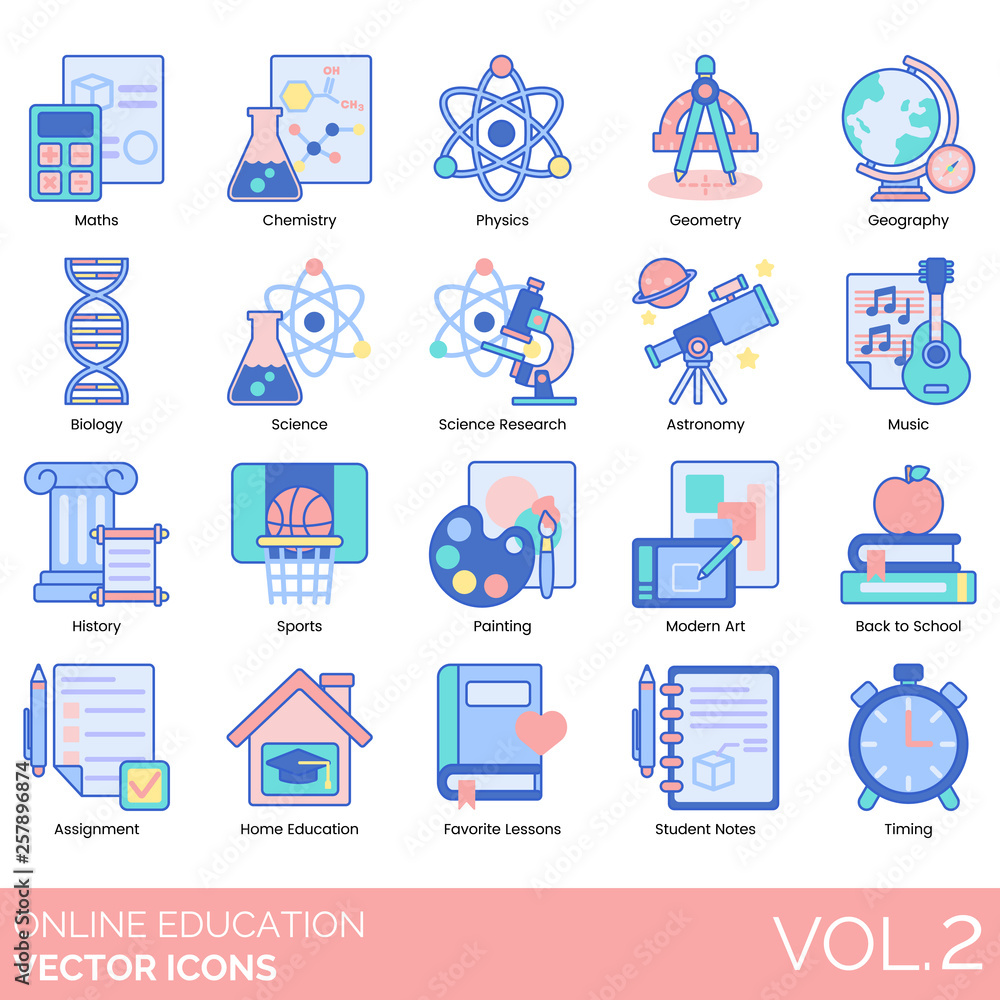 Online education icons including maths, chemistry, physics, geometry ...