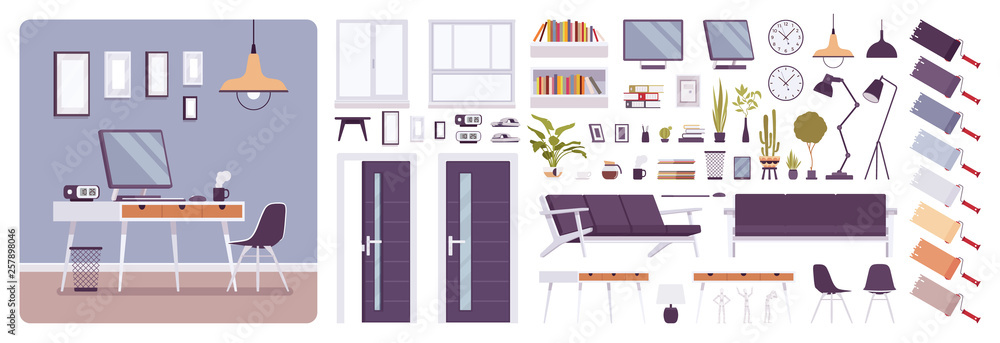 Workplace modern interior, home or office room creation set, working ...