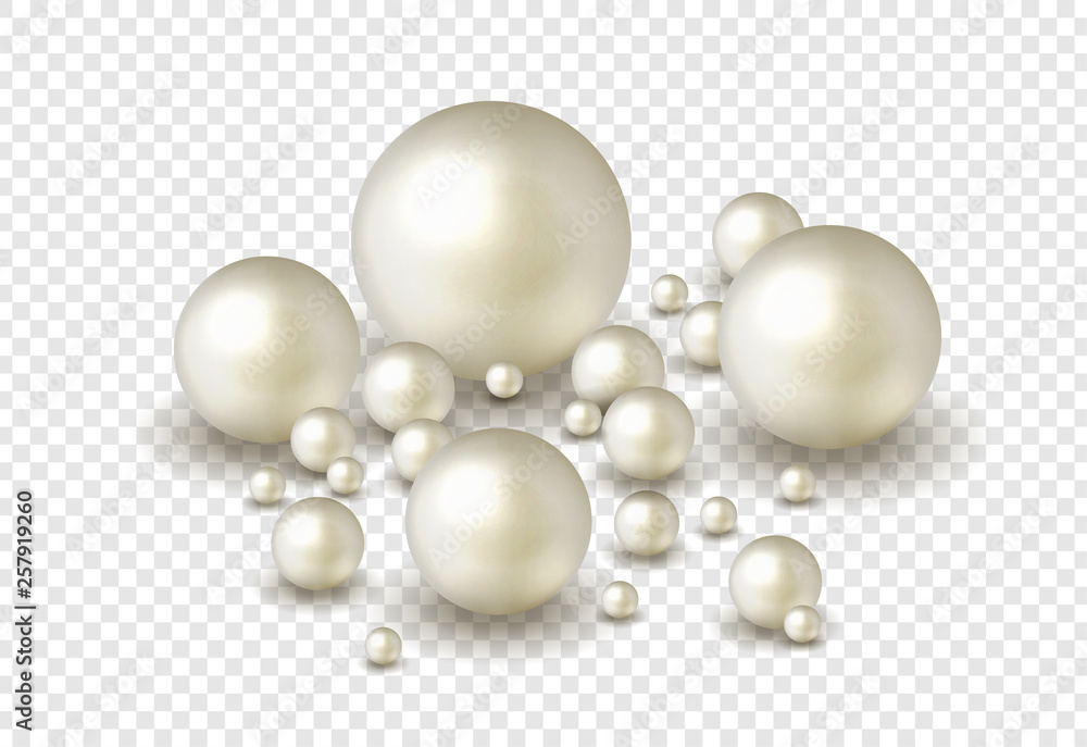 Nature ,sea pearl background with small and big white pearls isolated ...