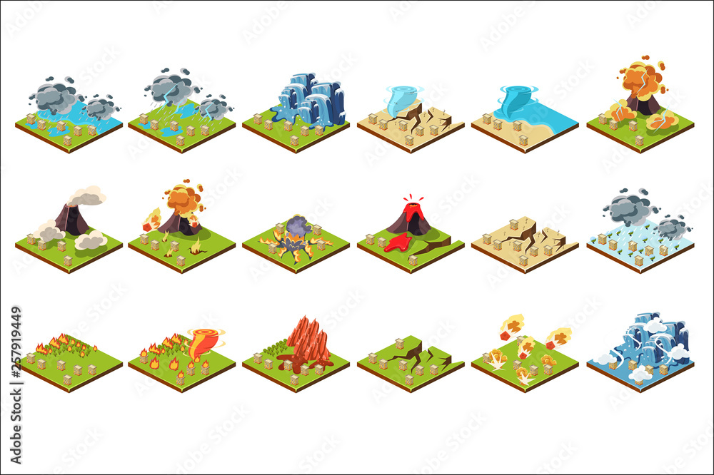 Volcano eruption set, different stages of volcano activity vector ...