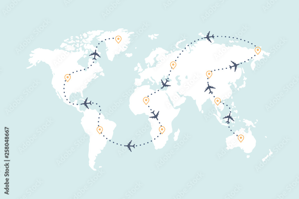 Airplane route line and travel routes. Aviation track path on world map ...