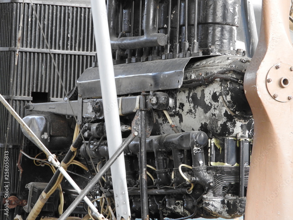 Parts of the old aircraft engine. Nuts connecting tubes, nozzles ...