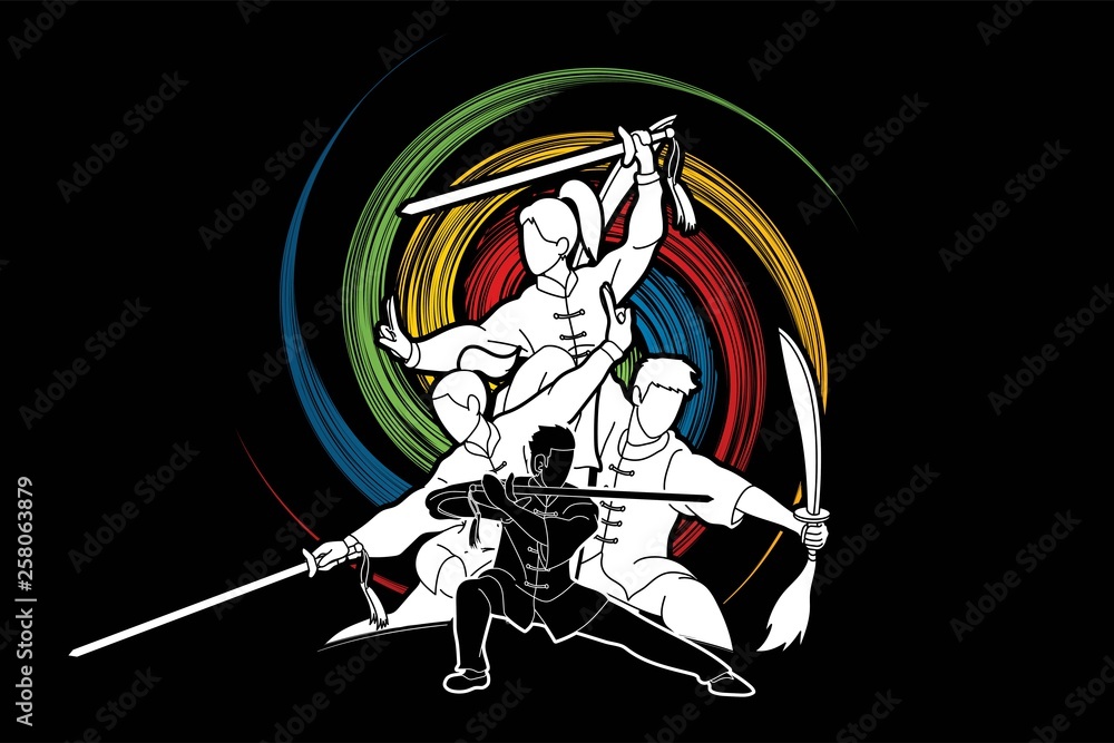 Kung Fu, Wushu with swords, Group of people pose kung fu fighting ...