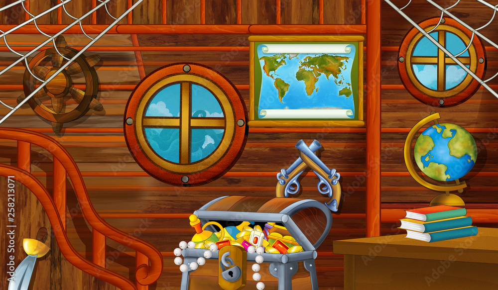 cartoon scene with pirate ship cabin interior with treasure sailing ...