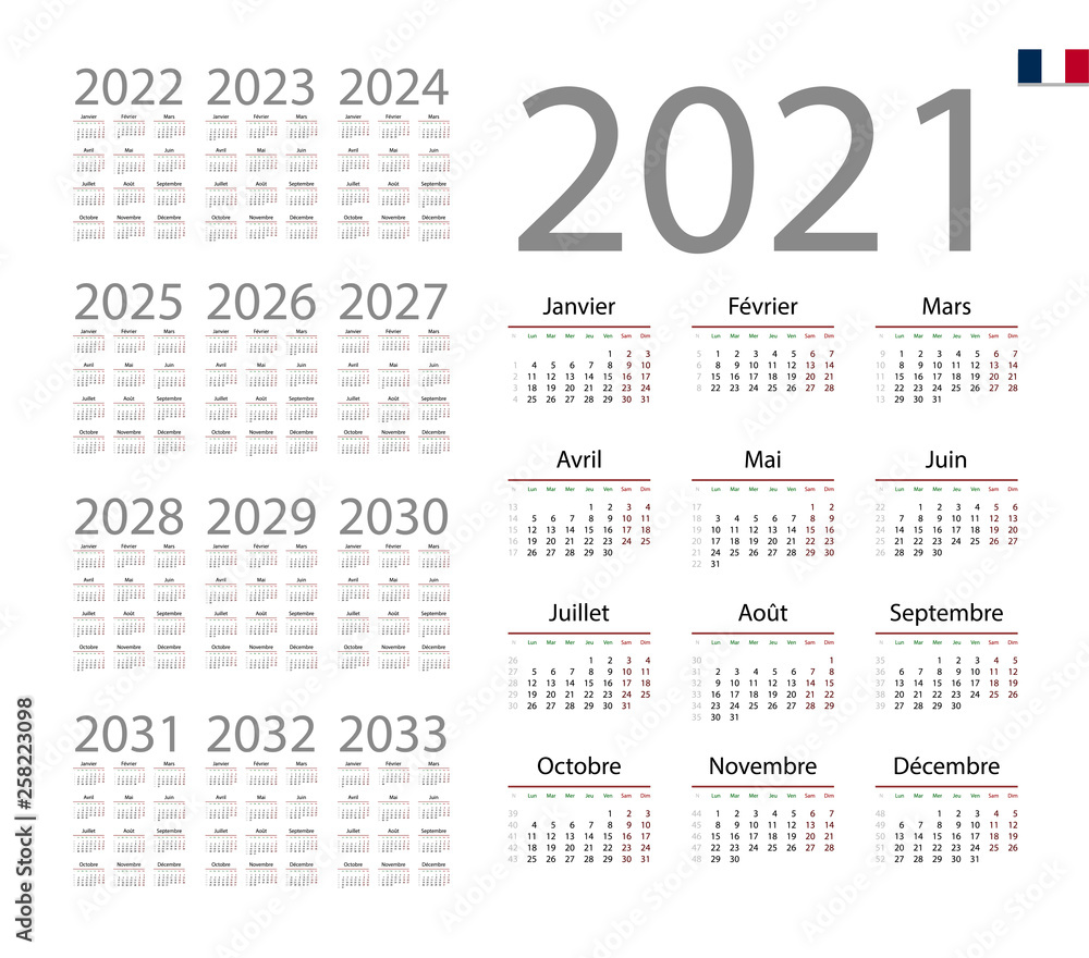 French Calendar for 2021. Week starts on Monday Stock Vector | Adobe Stock