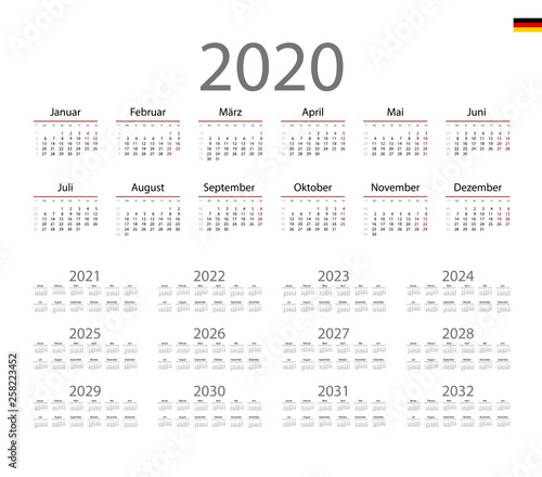 German Calendar for 2020. Week starts on Monday Stock Vector | Adobe Stock