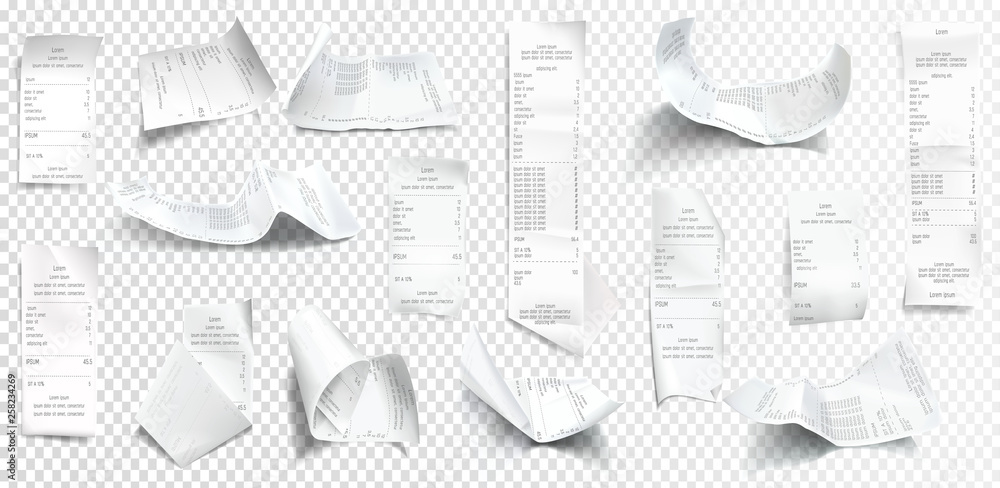 Vector realistic receipt collection, white paper with payment isolated ...