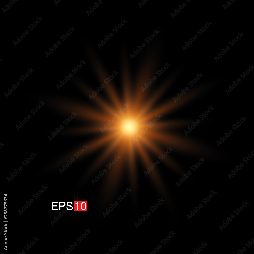 isolated orange Rays with lens flare, Sun flare, flare on the black ...