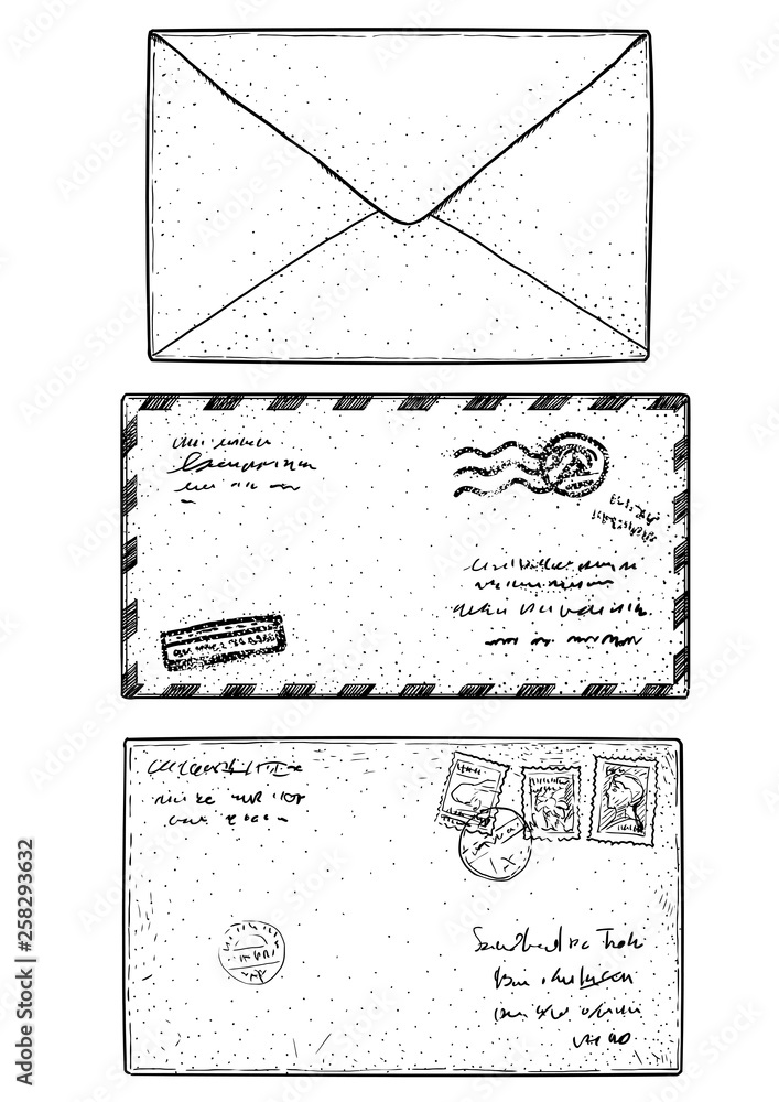 Mail envelope, sticker, stamp, illustration, drawing, engraving, ink ...