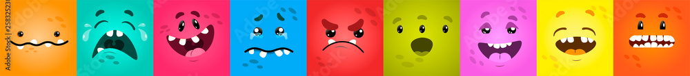 Vector funny square monster faces with different emotions, smiles ...
