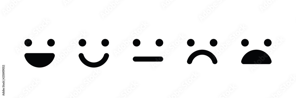Basic emoticons set. Five facial expression of feedback - from positive ...