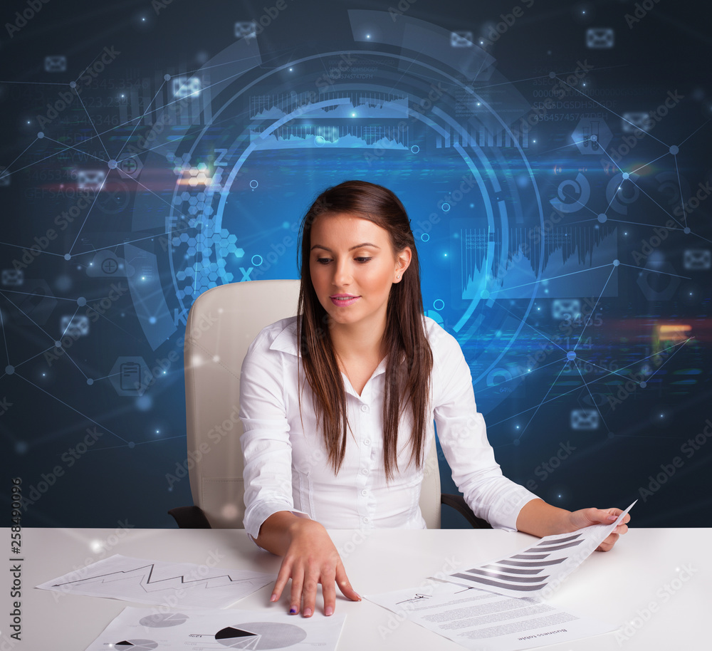 Manager in front of the office desk with connections and teamwork ...