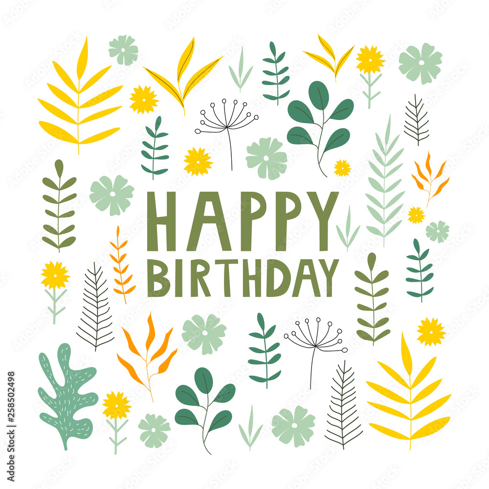 Happy birthday card with herbs and leaves Stock Vector | Adobe Stock