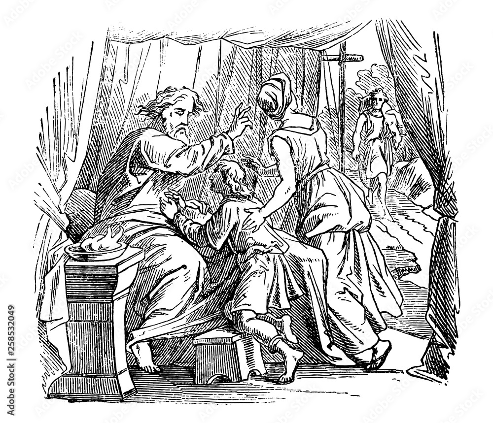 Vintage antique illustration and line drawing or engraving of biblical ...