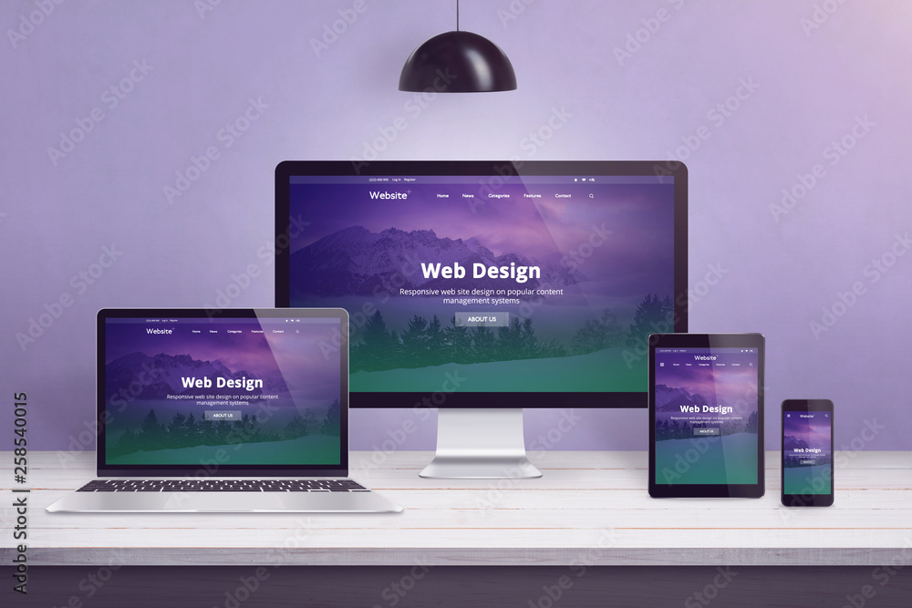Flat design web site concept on multiple devices. Work desk with laptop ...