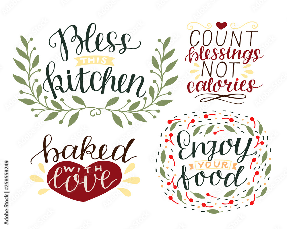 4 hand-lettering quotes about food Bless this kitchen. Baked with love ...