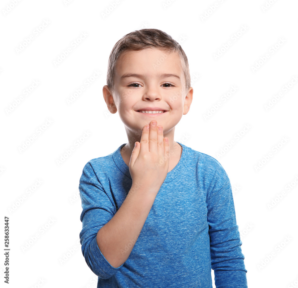 Little boy showing THANK YOU gesture in sign language on white ...