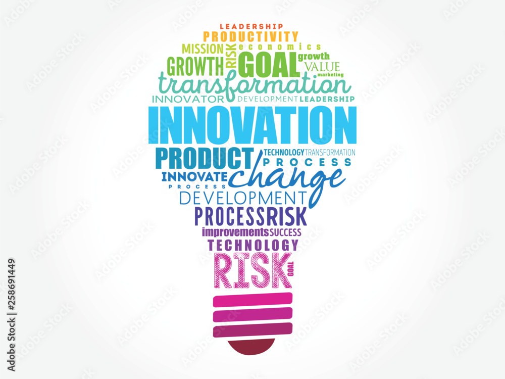 INNOVATION light bulb word cloud, business concept background Stock ...
