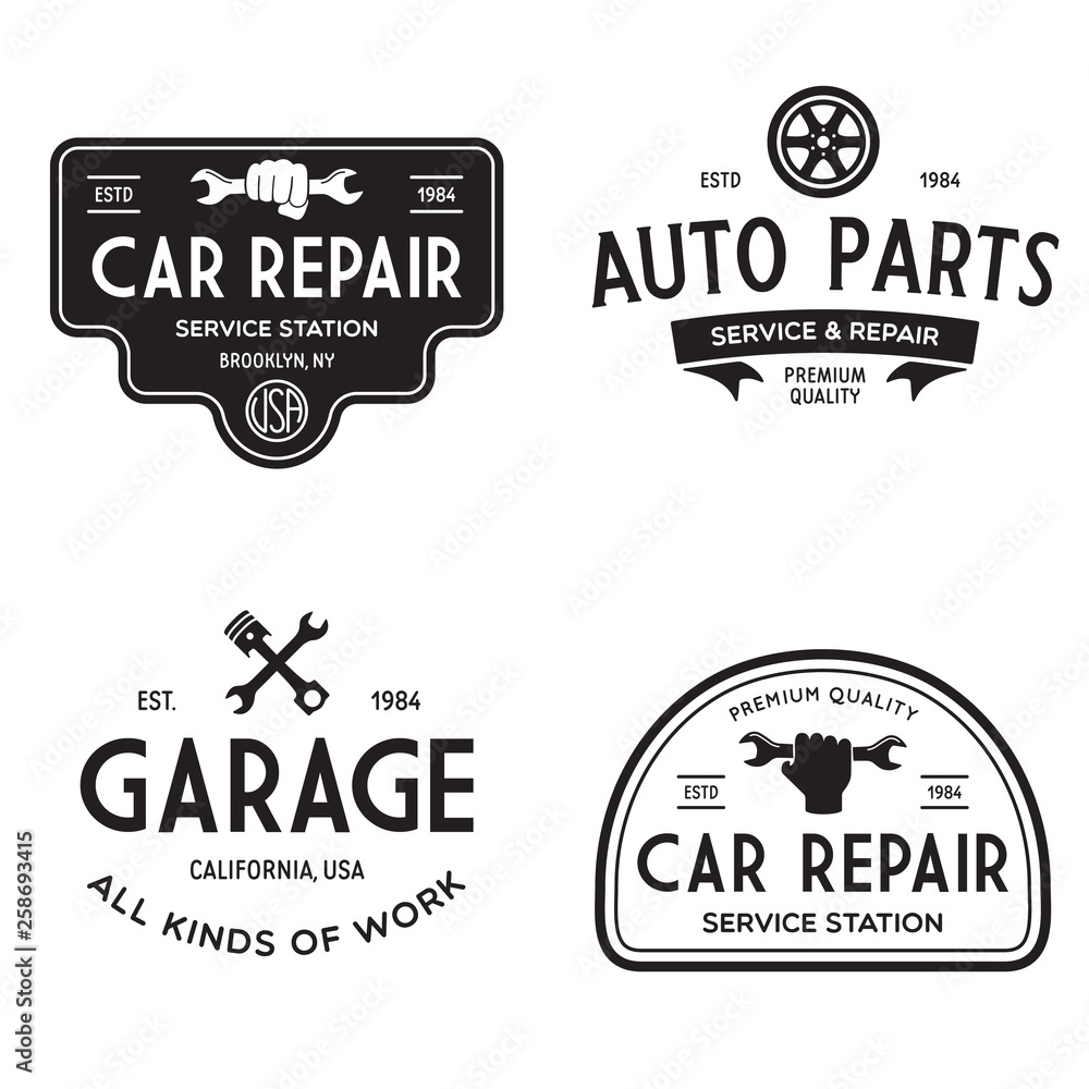 Set of vintage monochrome car repair service templates of emblems ...