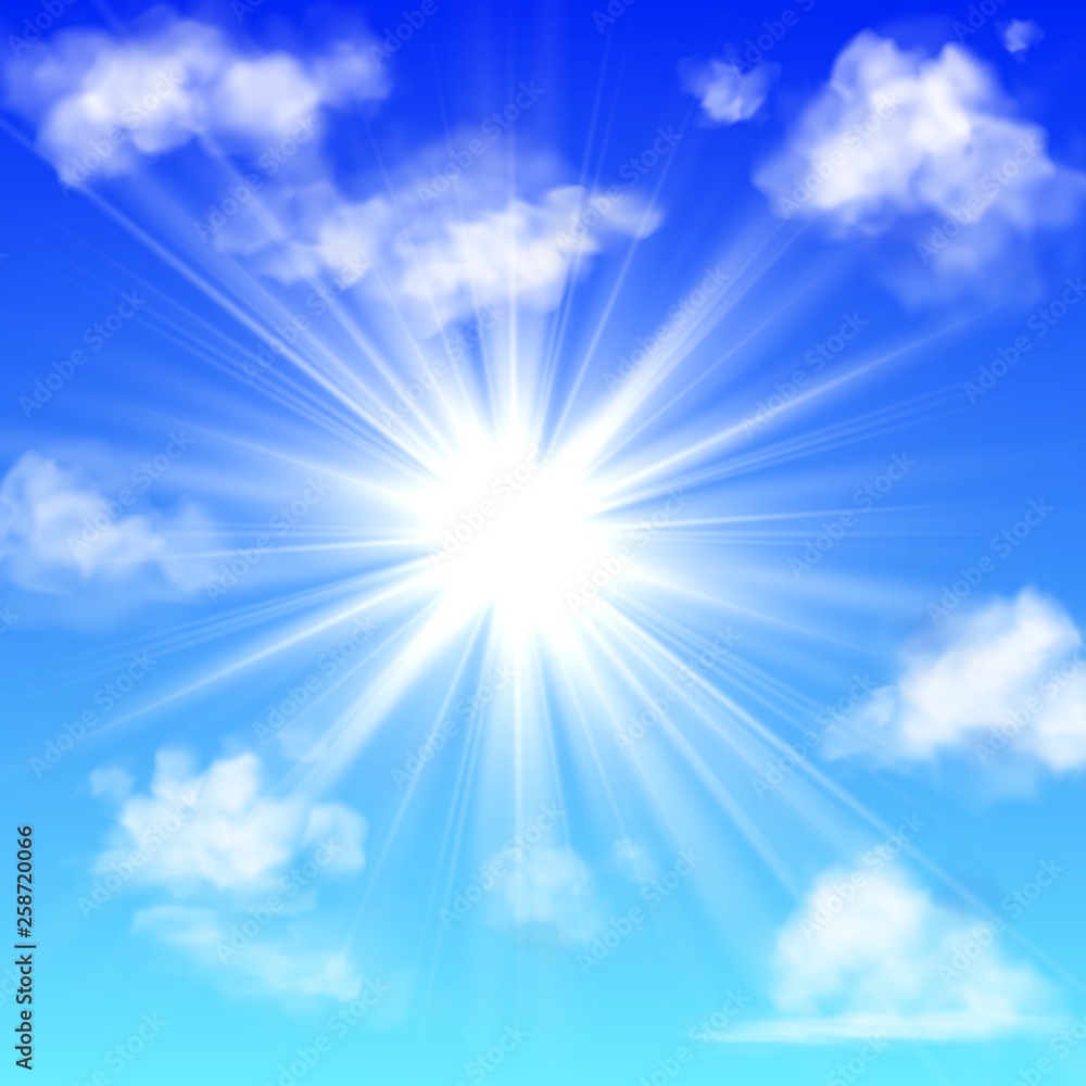 Sunny with clouds. Blue sky with white cloud and sun ray fluffy fog ...