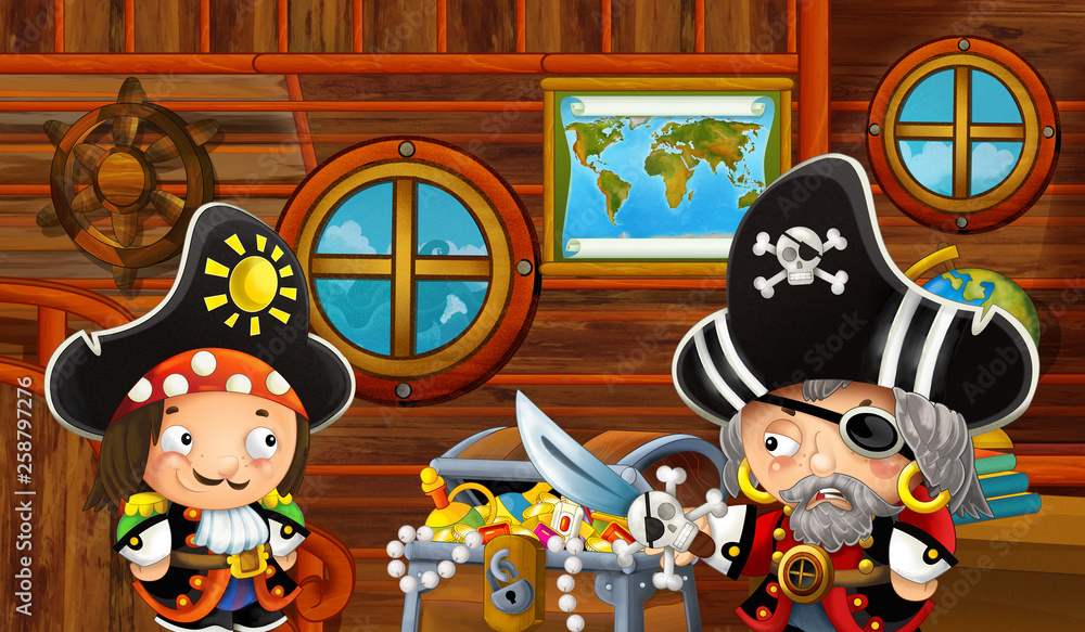 cartoon scene with pirate ship cabin interior with pirate boy sailing ...
