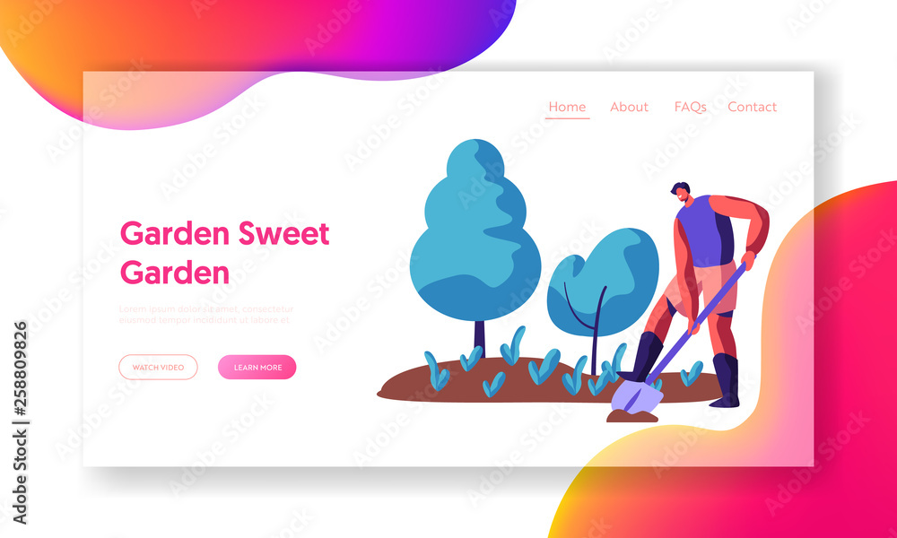 Man Gardener with Shovel or Spade Dig Land in Garden Landing Page. Male ...