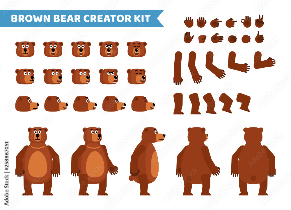 Brown bear creation set. Various gestures, emotions, diverse poses ...