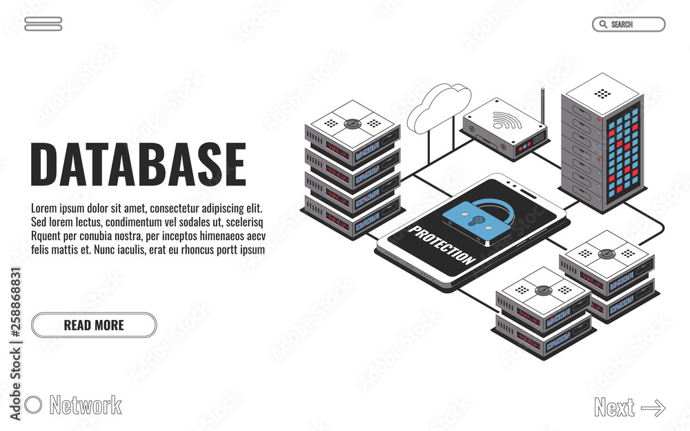 Database, big data, server room, cloud storage icon, information center, hosting services ...