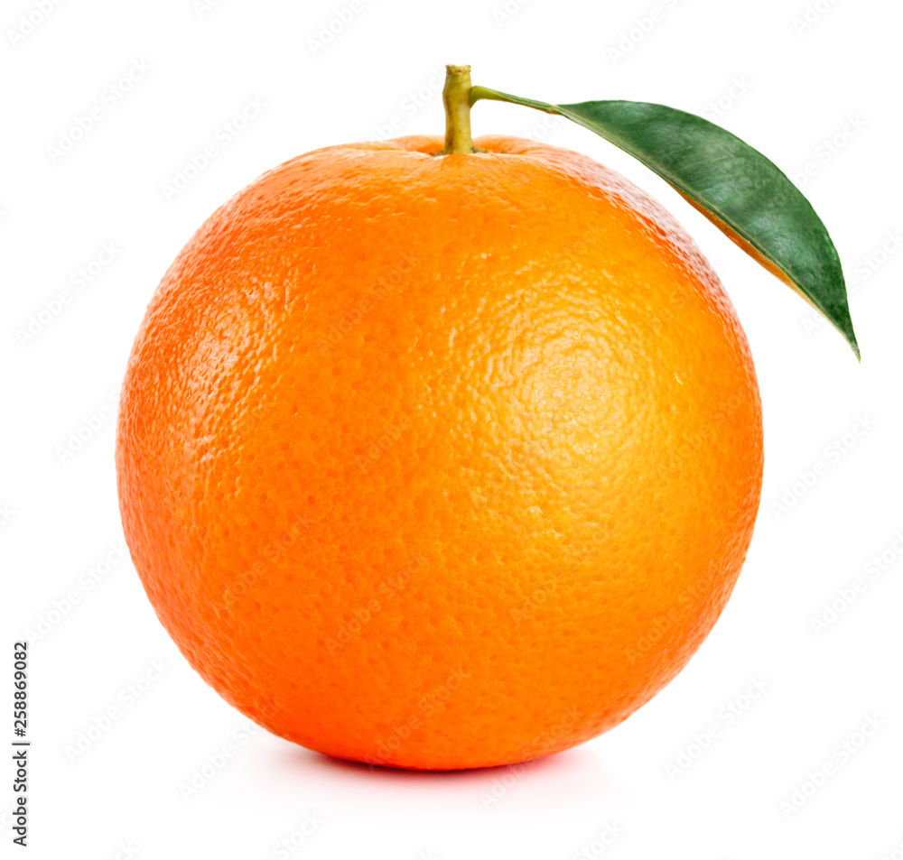single ripe orange fruit with leaf isolated on white background Stock ...