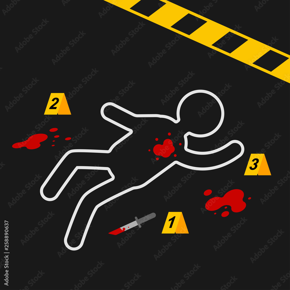 Crime scene with a dead body circled in chalk. Vector cartoon ...